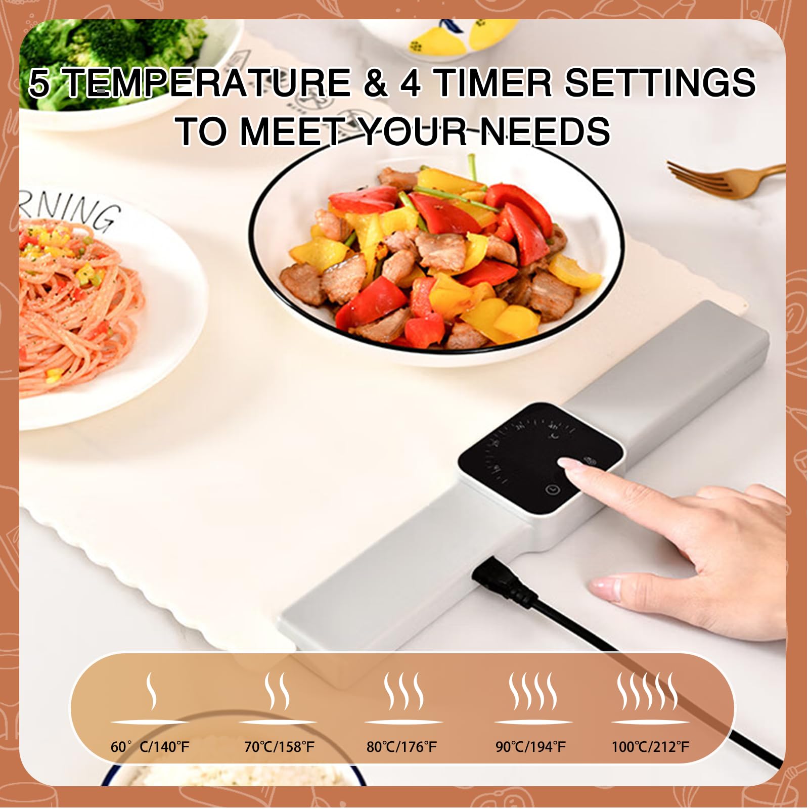 Electric Food Warmer 250W Full Surface Fast Heating Electric Warming Tray with 5 Temperature & 4 Timer Settings, Rolled Up, Premium Silicone Nano-Material for Gathering Parties Travel with UL FCC