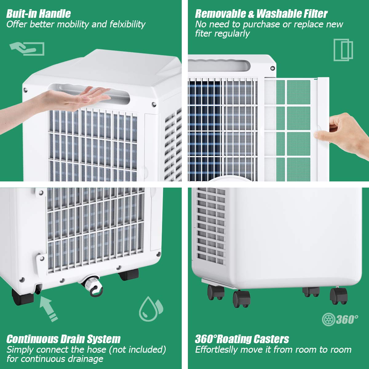 COSTWAY 8000 BTU Portable Air Conditioner, 3-in-1 Air Cooler w/Built-in Dehumidifier, Fan Mode, Sleep Mode, Remote Control& LED Display, Rooms Up to 230+ Sq. ft, for Home Office (White and Black)