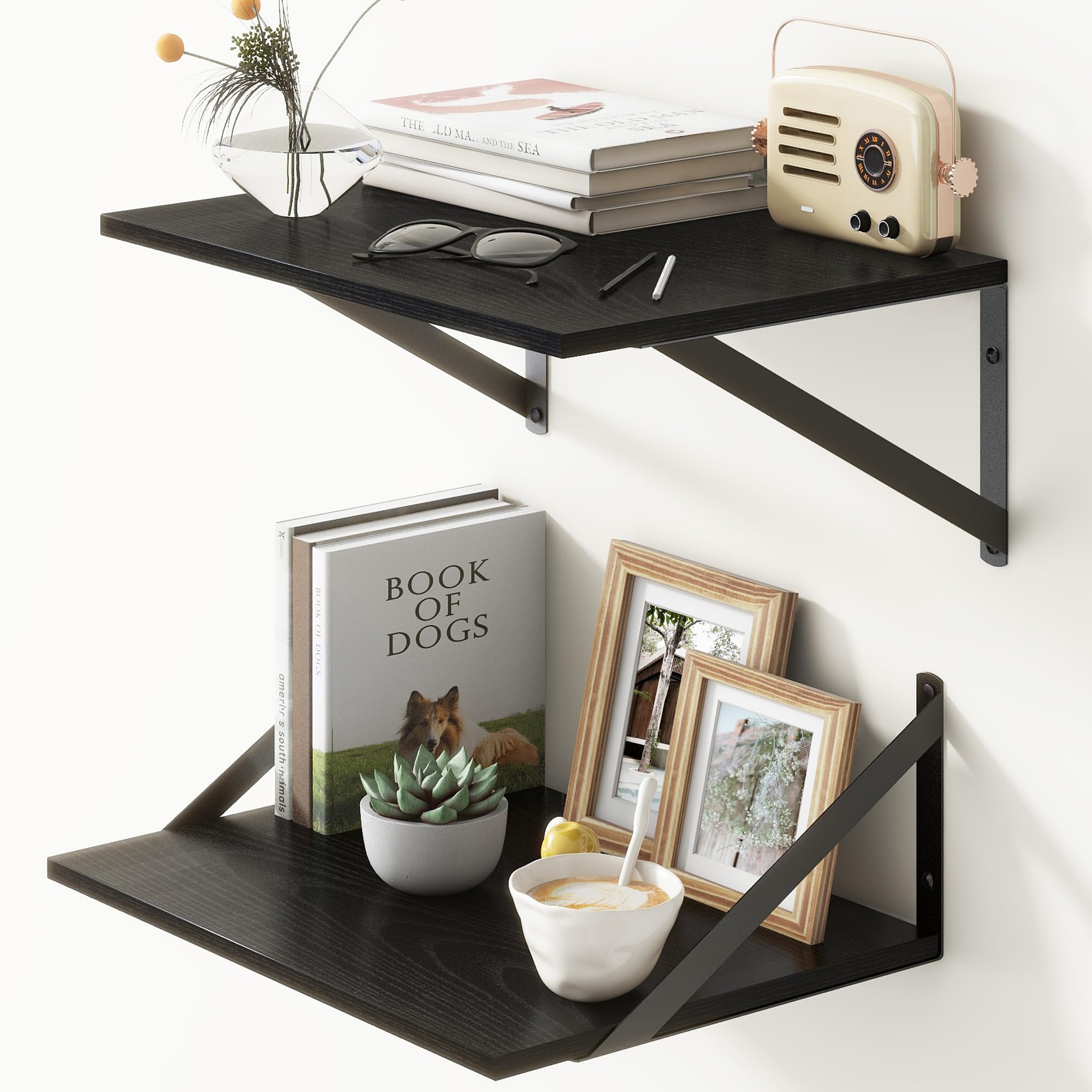 Fun Memories Deep Floating Shelves for Wall, 12 Inch Deep Black Floating Shelves Set of 2, 16" W x 12" D Wall Shelf, Wide Display Ledges Shelves for Bedroom, Bathroom, 12 Deep Bookshelf Wall Mounted