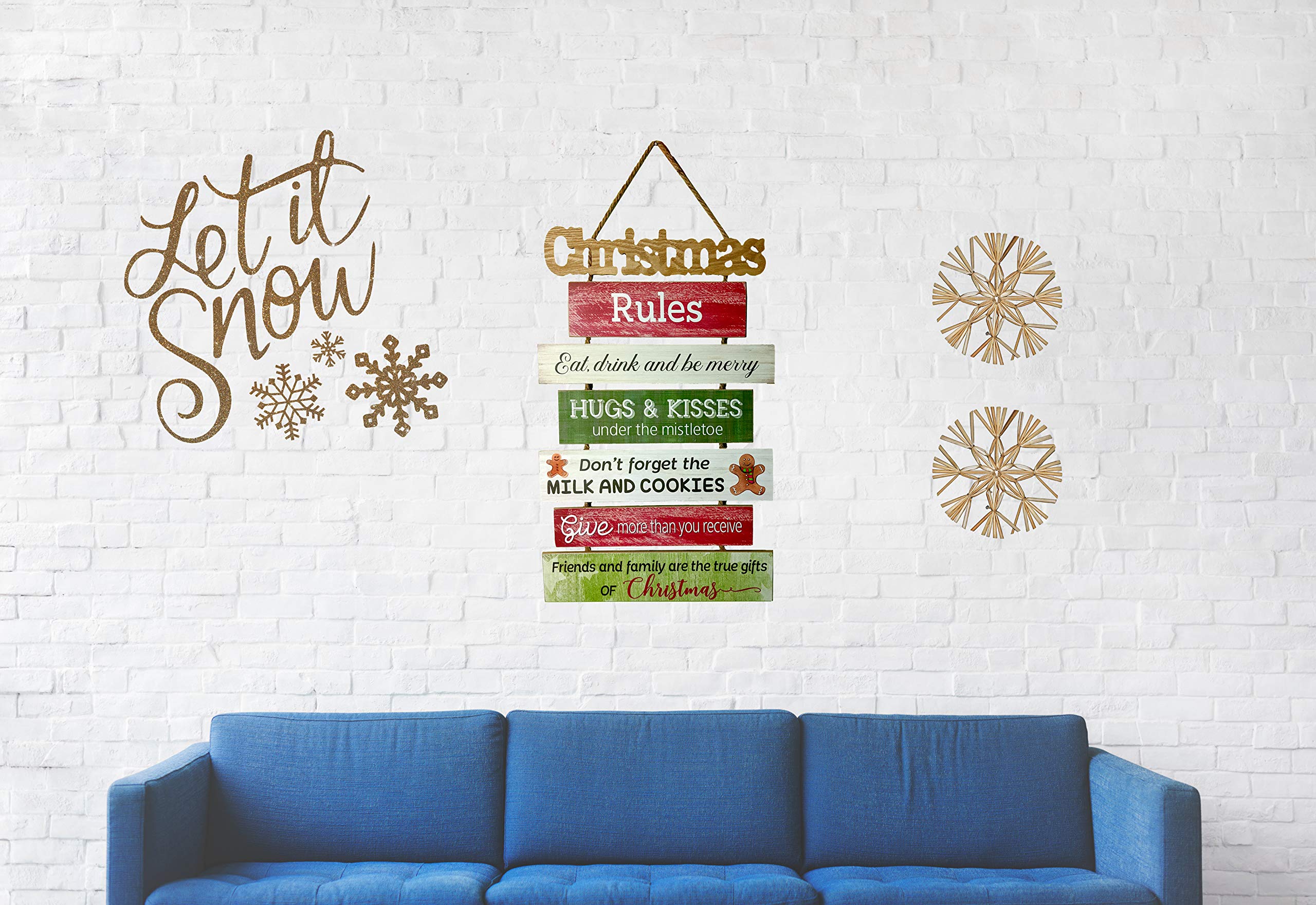 Christmas Wood Wall Decor Hanging Sign, Rustic Wooden Plaque, Holiday Rules 23" x 13.75" Jute Hanger