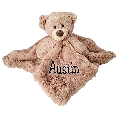 SONA G DESIGNS Custom Personalized Teddy Bear Lovie Lovey Security Blanket with Rattle (Brown Bear with Embroidery Name)