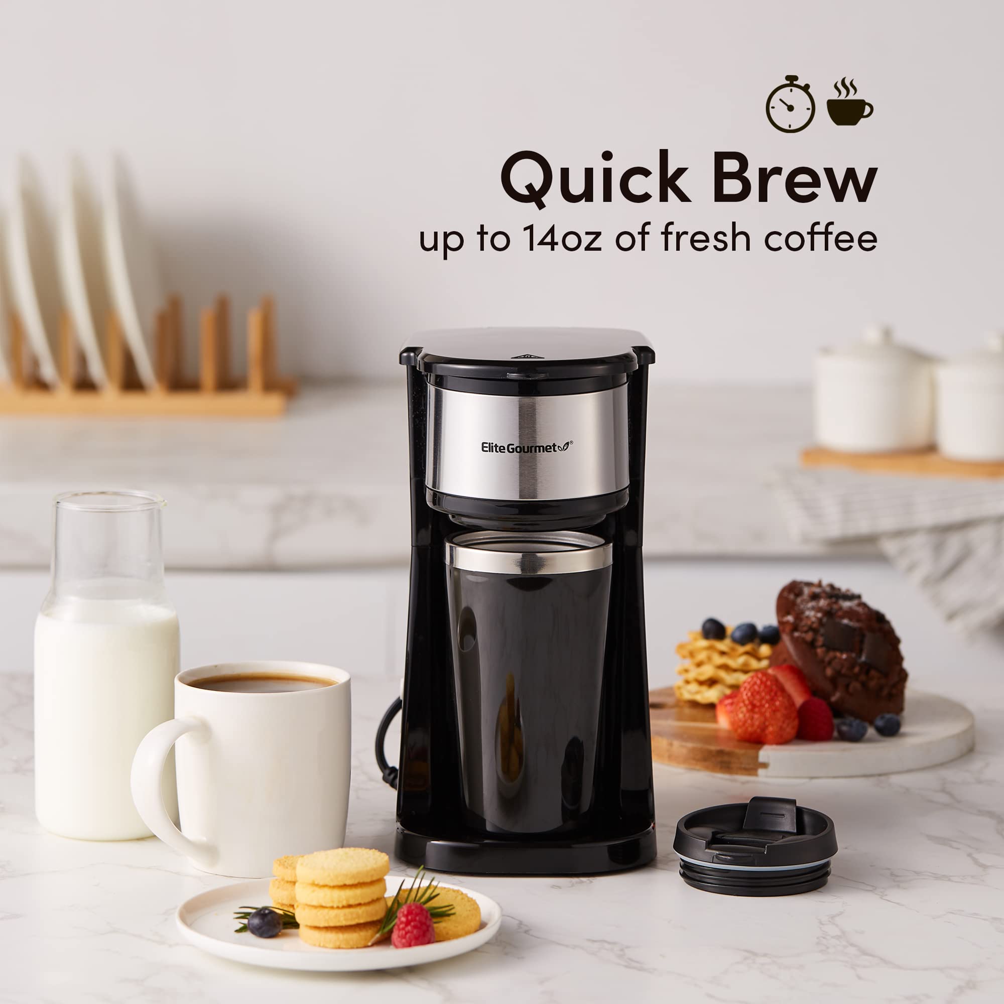 Elite Gourmet EHC112 Personal Single-Serve Compact Coffee Maker Brewer Includes 14Oz. Stainless Steel Interior Thermal Travel Mug, Compatible with Coffee Grounds, Reusable Filter