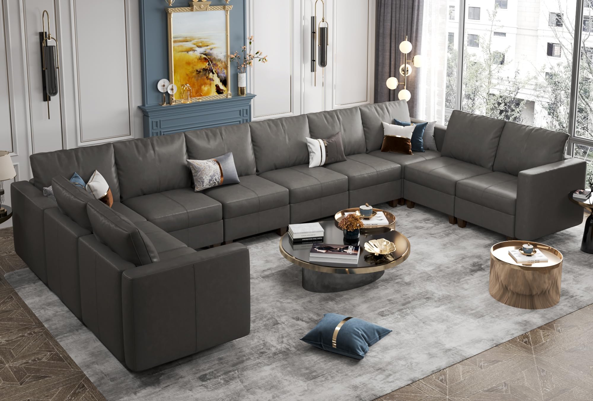 EASE MOOSE Large Sectional Sofa U Shaped Sectional Couch with Storage, Faux Leather Modular Sofa Convertible Sleeper Sofa with Reversible Chaises, Grey
