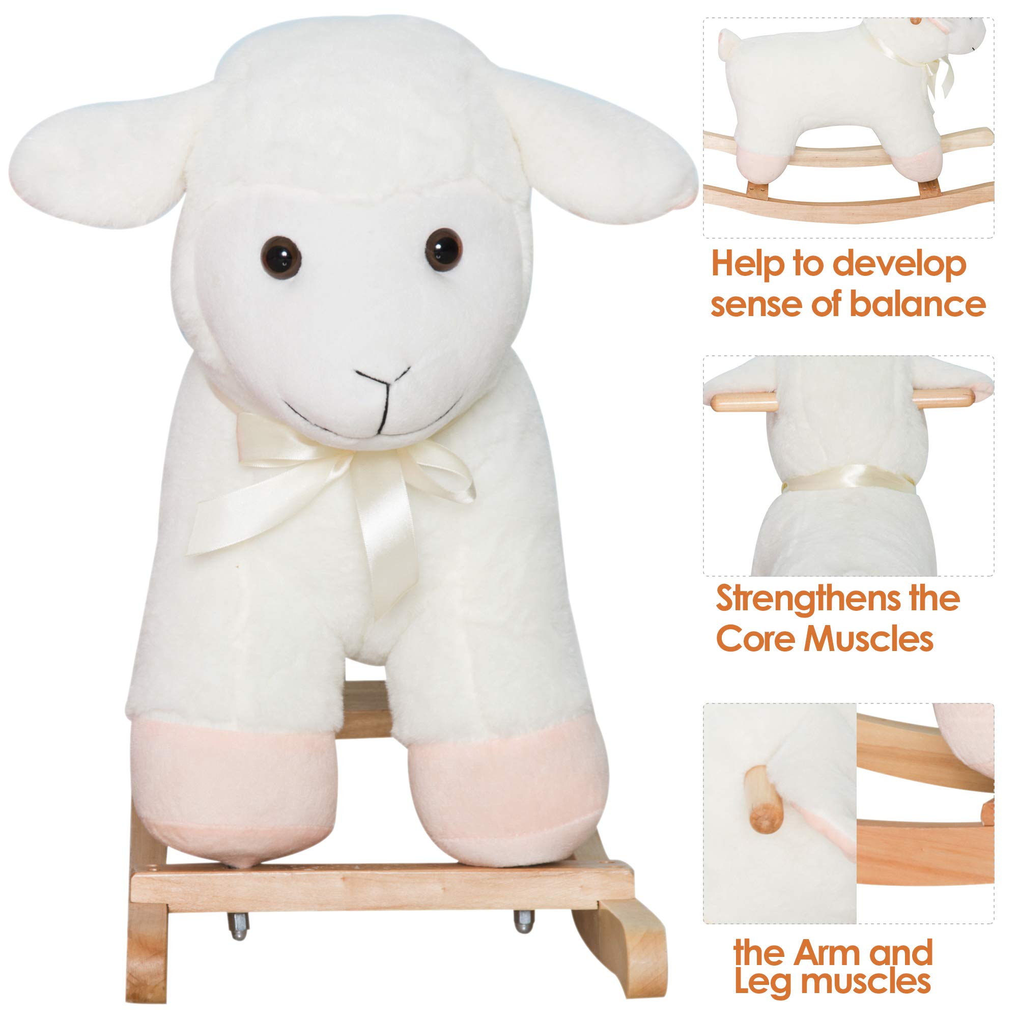 Qaba Lamb Rocking Horse Sheep, Nursery Stuffed Animal Ride On Rocker for Kids, Wooden Plush, White