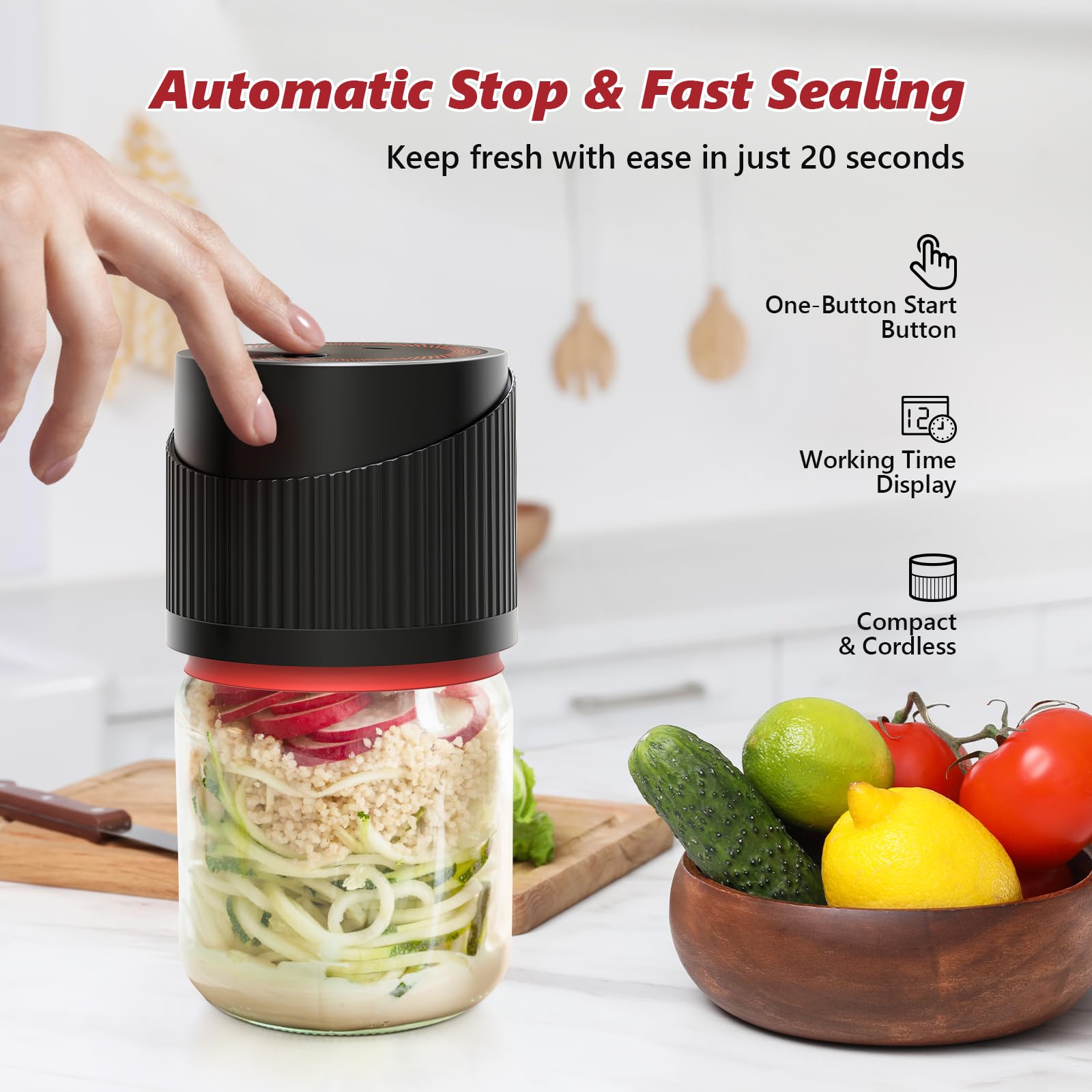 Electric Mason Jar Vacuum Sealer Kit, CooAoo 4 in 1 Jar Vacuum Sealer for Wide and Regular Mouth Mason Jars, Automatic Stop Vacuum Sealer for Jars Wine Bottle,Vacuum Bags Containers, Black