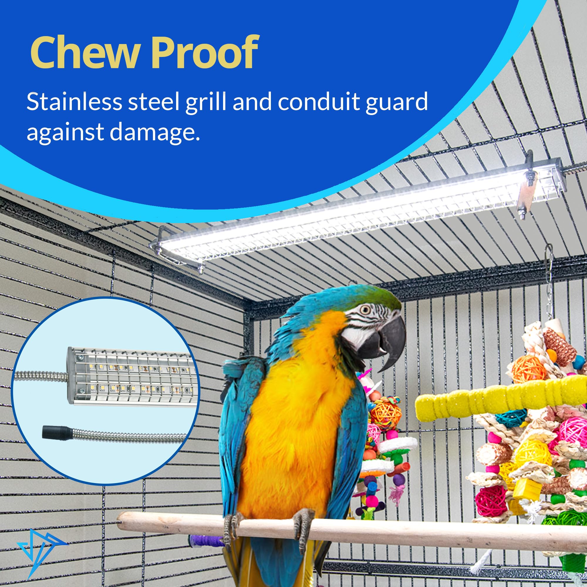 HappyBird Lighting Bird Cage Light with Chew Guard - Full Spectrum LED Pet Light - Simulates Natural Environment - Safe for Hookbill Birds – Easy to Install - (10" Long)