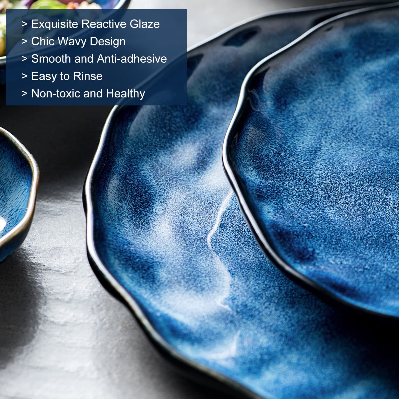 Ceramic Bowls Set for Pasta, Salad, Cereal, Dessert - 8 Inch Wide and Shallow Soup Plates, Serving Dishes Set of 4 Microwave, Dishwasher Safe, Blue
