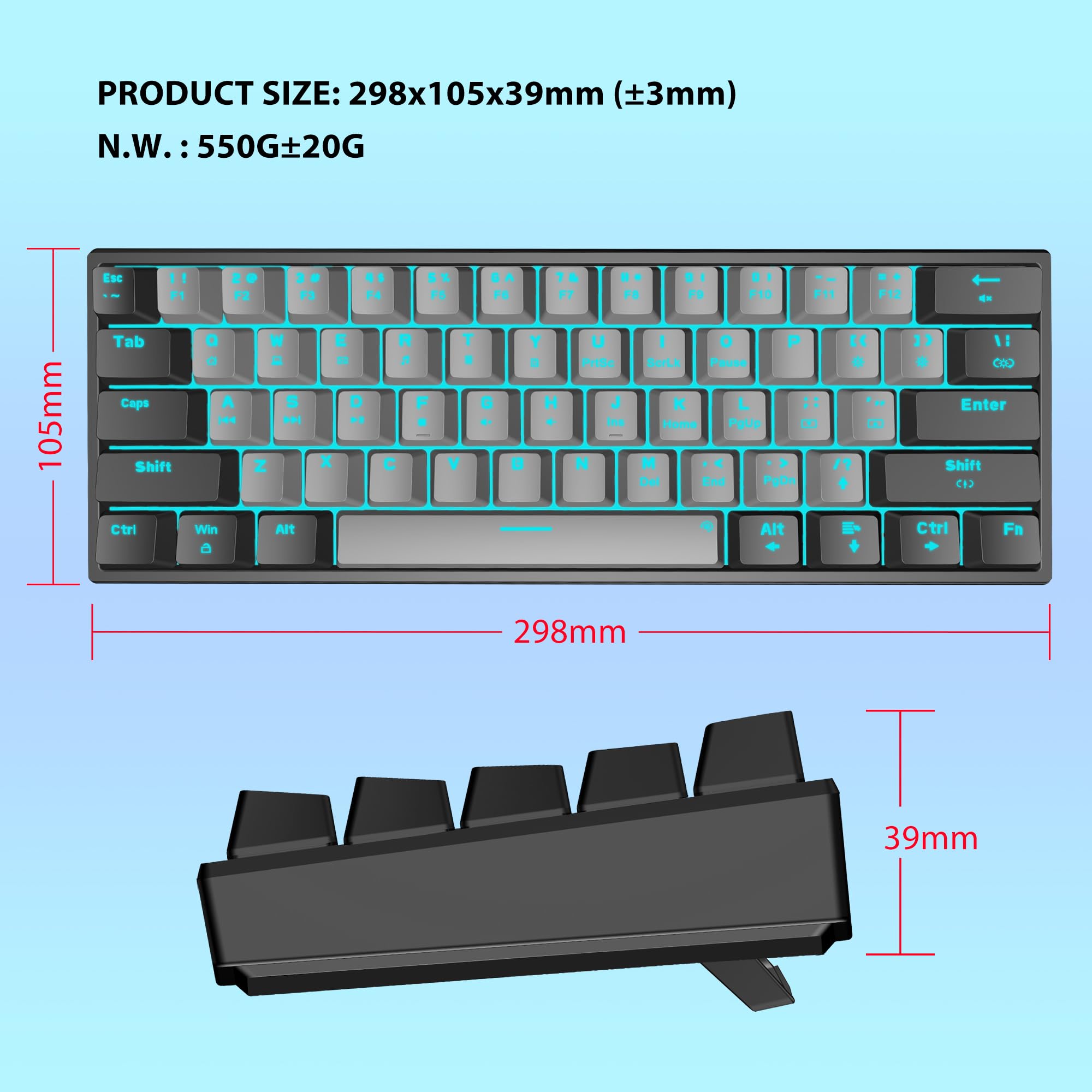 Snpurdiri 60 Percent Mechanical Gaming Keyboard, Blue Switch Anti-Ghosting 61 Key LED Rainbow Backlit Keyboard, Mini Portable Quick Response Keyboard for Laptop PC Gamer, Black