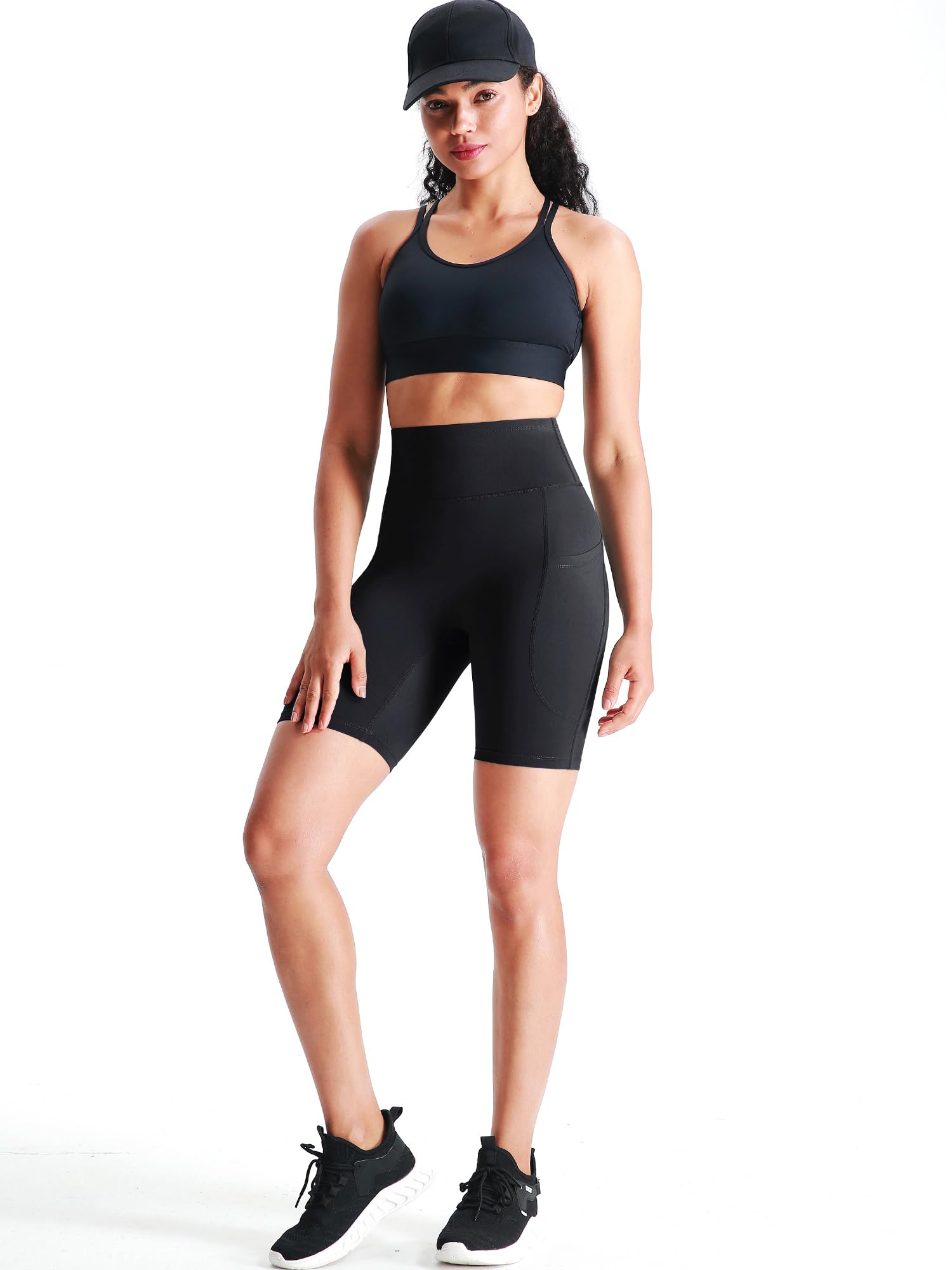 CADMUS 3 Pack High Waisted Shorts for Women 8" Workout Biker Shorts w Two Side Pockets,3044,Pack of 3,Black,Grey,Red,X-Large