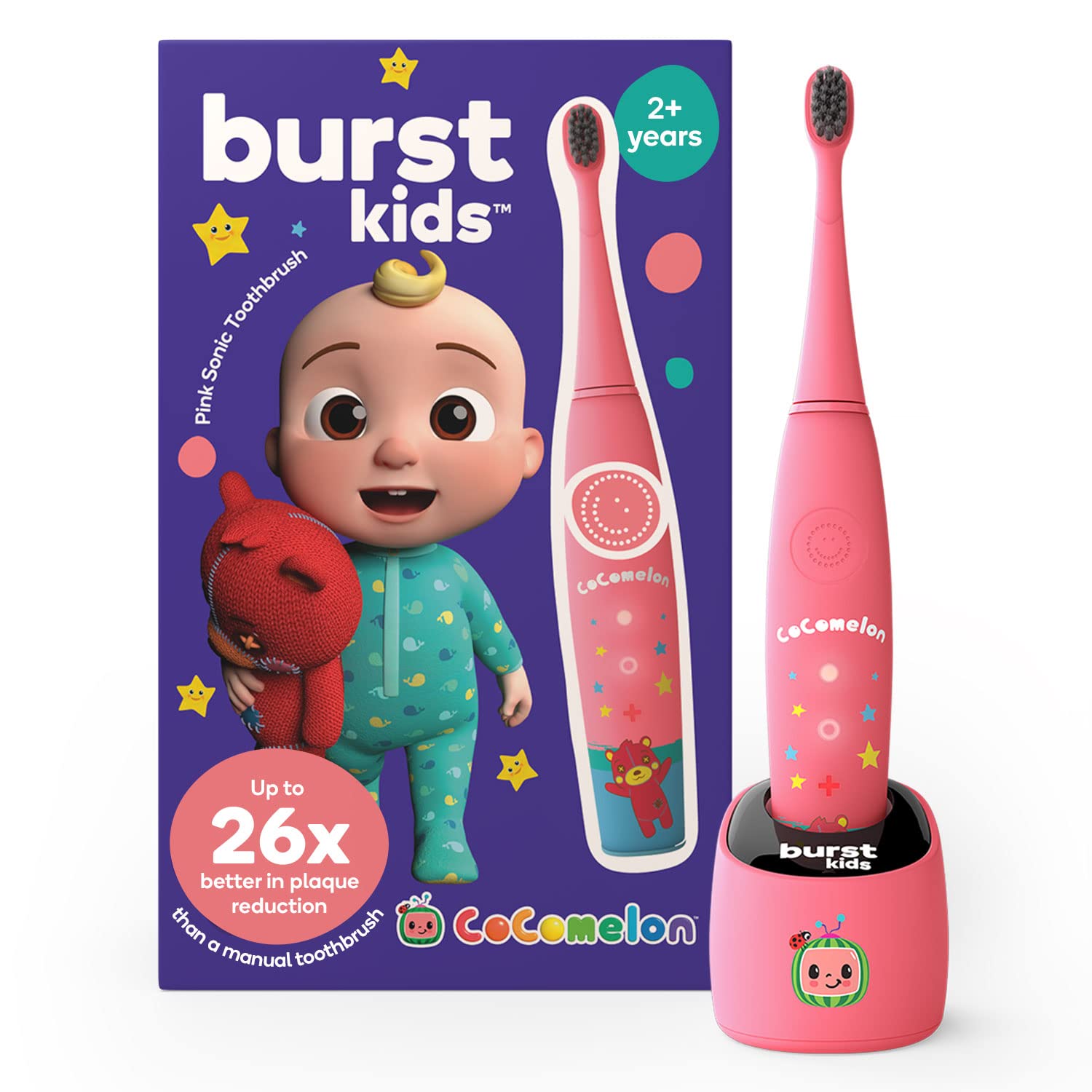 CoComelon x BURSTkids Kids Electric Toothbrush Bundle with 4 Replacement Heads - Soft Bristle Kid & Toddler Toothbrush, Ages 2+ - JJ Pink