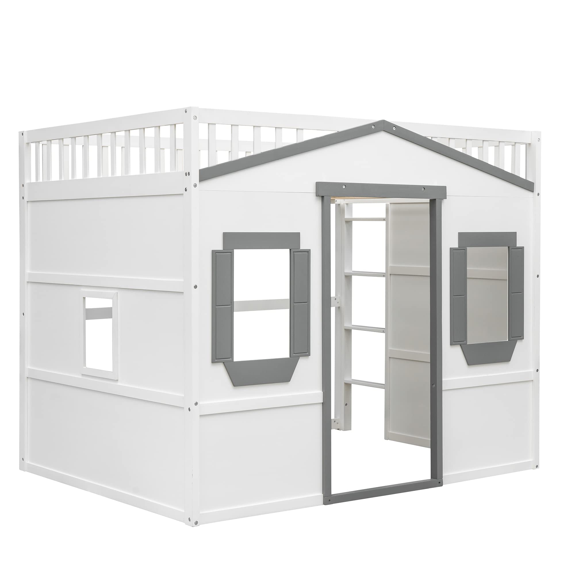 Full Size House Loft Beds Wood Loft Bed Frame with Window and Wall Fun Playhouse Bed with Ladder for Kids Boys Girls Teens, White with Gray