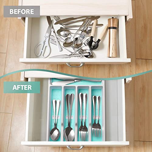 Joequality Silverware Organizer with Icons,Plastic Cutlery silverware Tray for Drawer,Utensil Flatware Tableware Organizer for Kitchen with Non-slip TPR,Fits Standard Drawer,5-Compartment,Mint