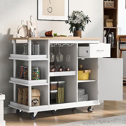 Kitchen Island Cart on Wheels with Storage Drawers, Multipurpose Kitchen Cart Cabinet with Side Storage Shelves and Wine Rack Kitchen Island with Rubber Wood Top for Dining Room, Home, Bar, White