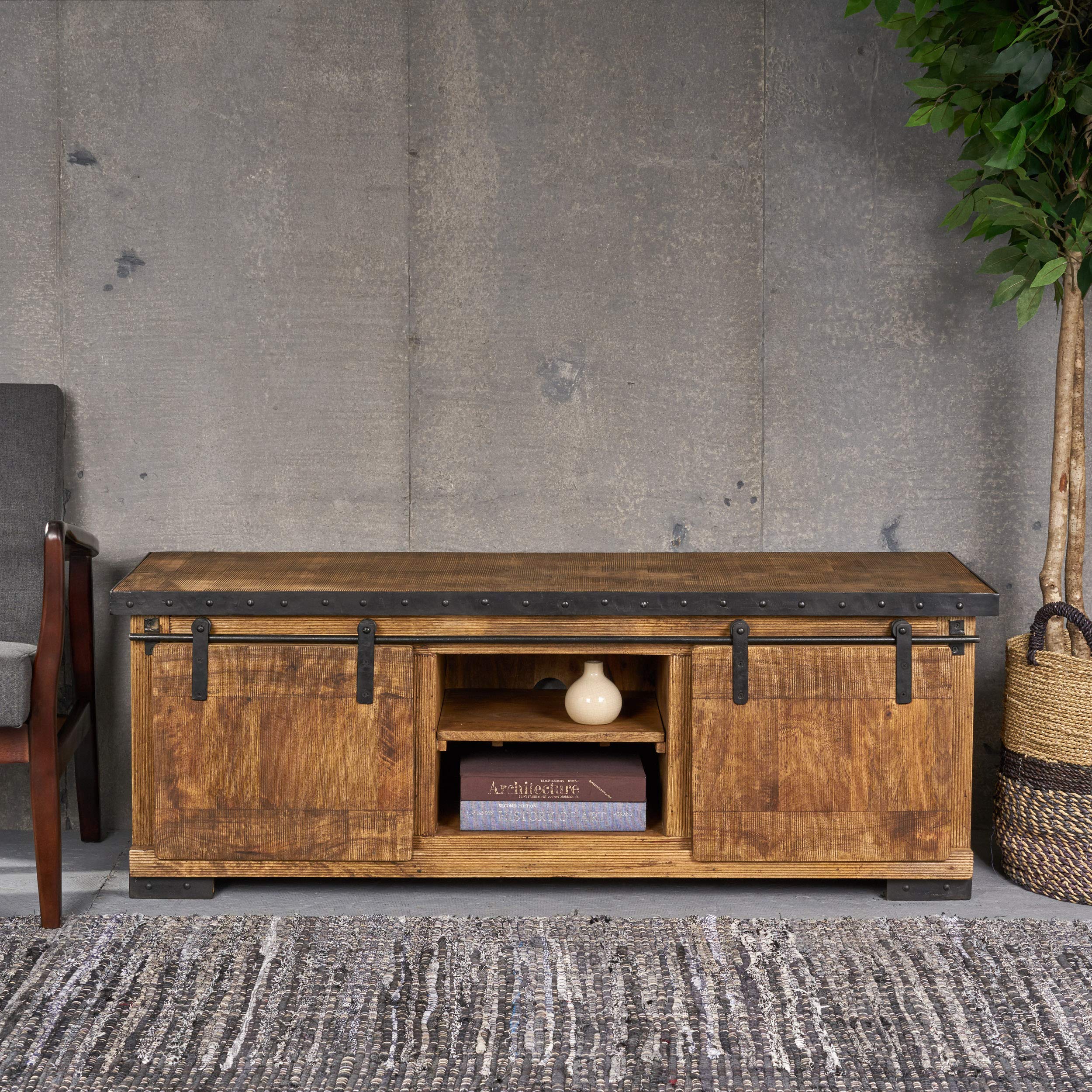 Christopher Knight Home Madge Modern Industrial Mango Wood TV Stand, Natural Finish, Black