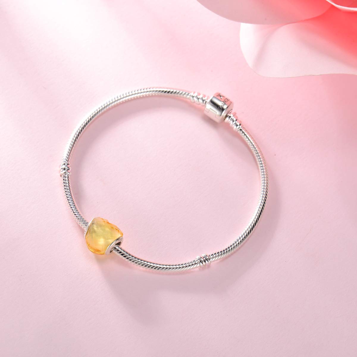 CHANGEABLE Citrine Yellow Charms Murano Glass Beads for Bracelets Love Heart Faceted Stone 925 Sterling Silver