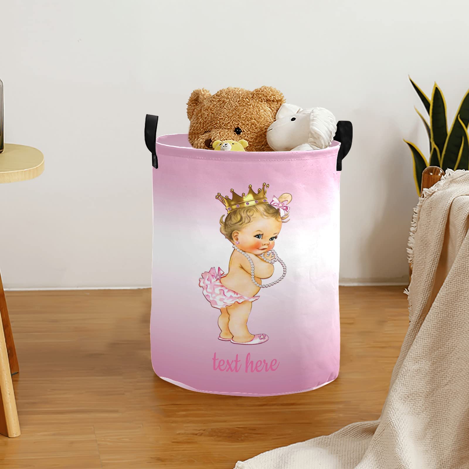 Custom Name Pink Girl Necklace Storage Bin Waterproof Nursery Storage Basket with Durable Handles Dirty Clothes Hamper for Bedroom Bathroom