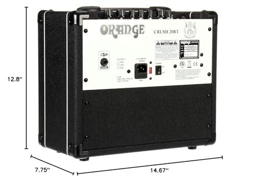 Orange Amps Crush 20RT Amplifier for Electric Guitars (Black) Bundle with Blucoil 10-FT Straight Instrument Cable (1/4in), 2-Pack of Pedal Patch Cables, and 4-Pack of Celluloid Guitar Picks