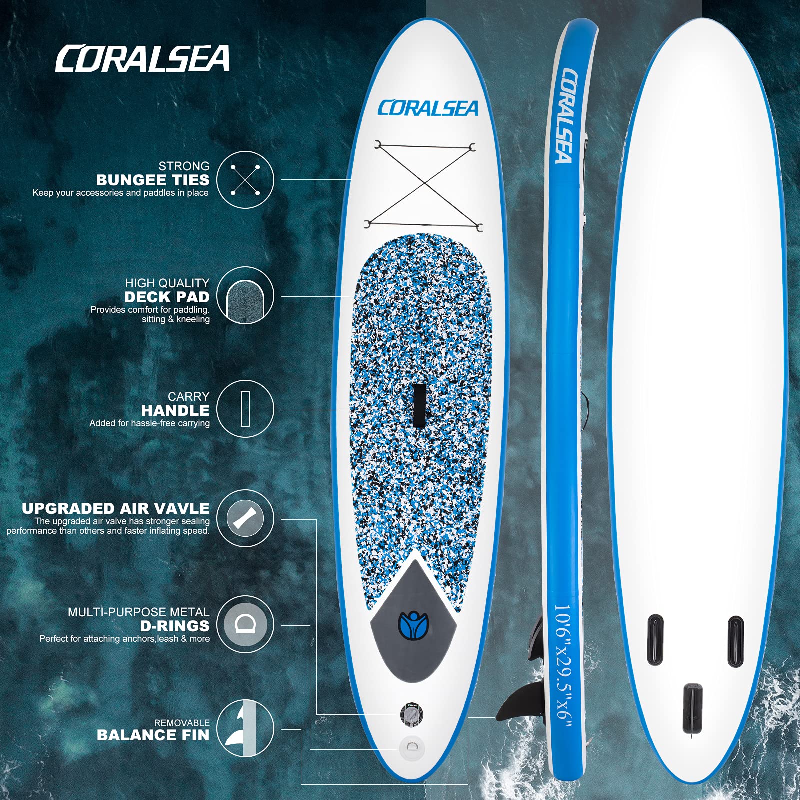 CORALSEA Inflatable Paddle Board, 10β6"x30"x6" Ultra-Light Stand Up Boards with ISUP Accessories & Backpack for All Skill Levels Include Leash, Adjustable Paddle, Repair Kit, Youth & Adult