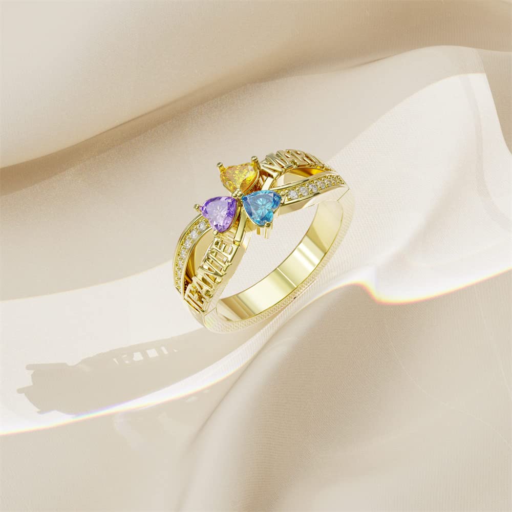 Custom Name Ring Creative 3D 925 Sterling Silver Birthstone Rings for Women Mother Dainty Bride Engagement Ring Personalized Promise Rings for Her (3 NAMES)