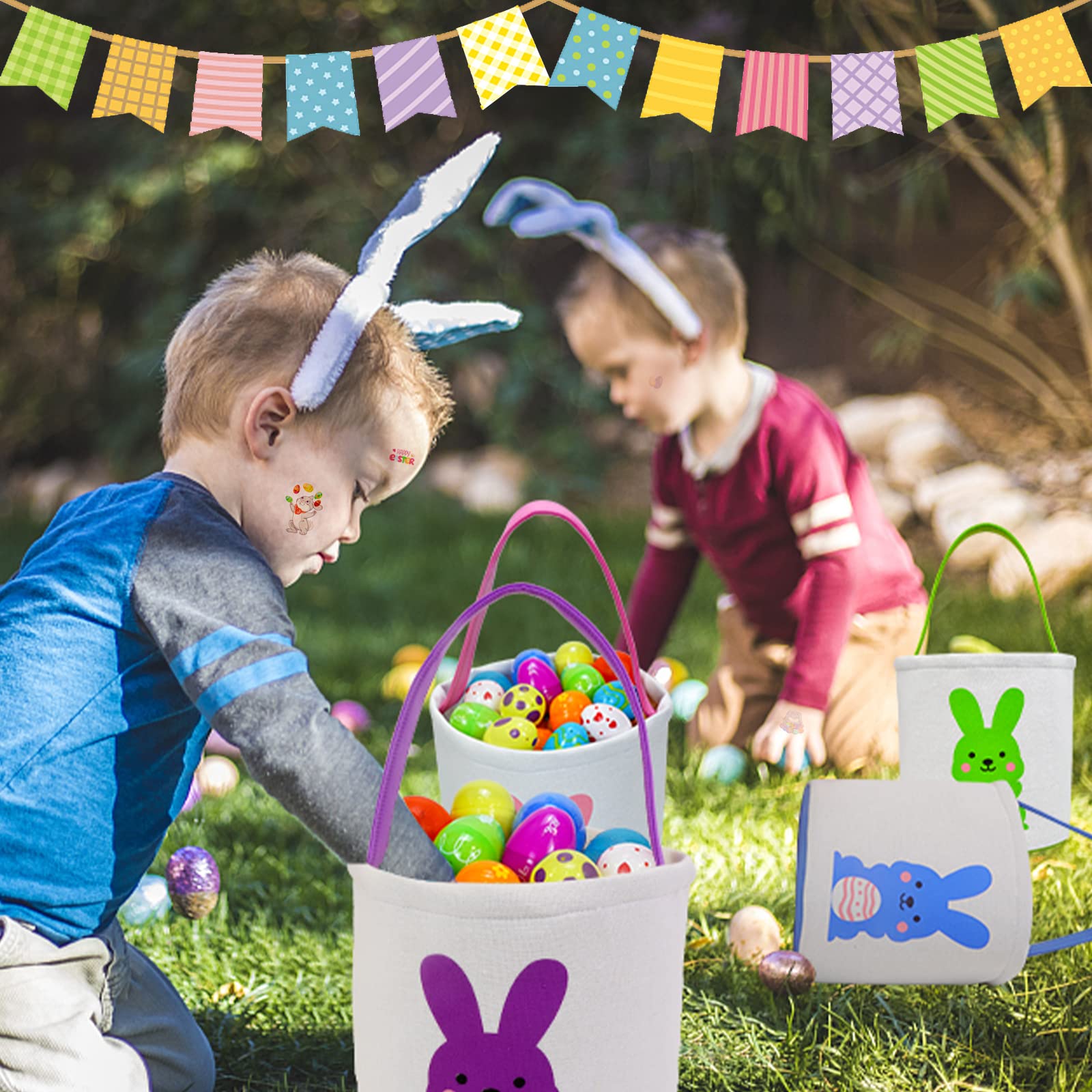 Easter Baskets for Kids, Easter Bunny Canvas Bags with 10Pcs Cute Tattoo Stickers for Easter Egg Toy Hunting, Reusable Candy Gifts Storage Baskets, Easter Decorations Party Supplies