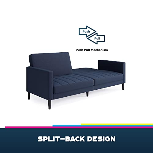 DHP Farnsworth 79 Inch Futon Sofa Bed, Upholstered Couch Sleeper with Tufted Seat, Mid-Century Modern, Navy