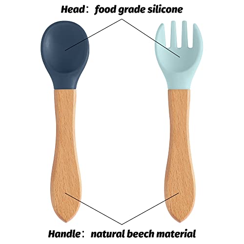 R HORSE 6Pcs Silicone Baby Forks and Spoon Set with Beech Handle Blue Silicone Baby Feeding Set BPA-Free Baby Training Utensils Set Soft Tip Infant Spoons for Toddlers Boy Girl