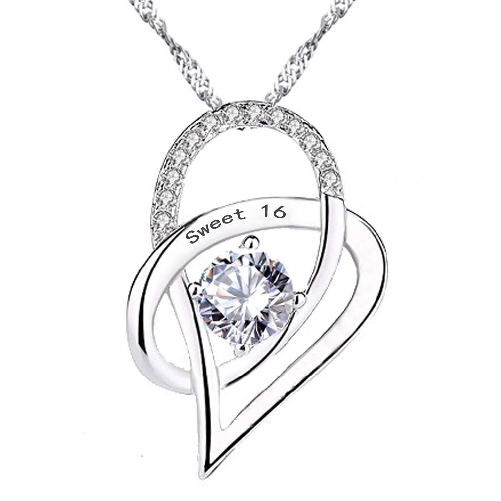 chaomingzhen 925 Sterling Silver Heart Pendant Necklace Engraved Sweet 16 16th Birthday Gift for HER