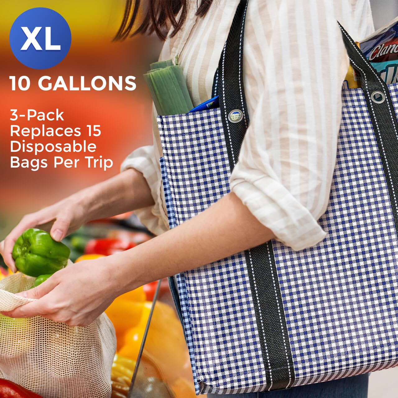 Heavy Duty Reusable Grocery Bags, Foldable Grocery Reusable Bags, 3-Pack Multipurpose Grocery Tote Bags, X-Large Reusable Grocery Bags with Handles & Hard Bottom (10 Gallons, Blue)