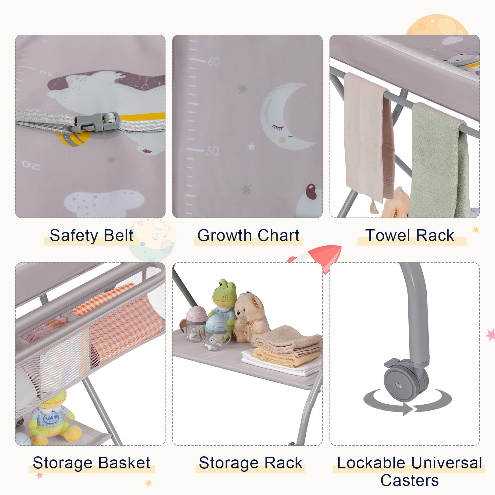 Costzon Portable Changing Table, Mobile Baby Changing Table with Wheels, Safety Belt, Large Storage Basket, Rack & Shelf, Folding Diaper Changing Station Nursery Organizer for Infant Newborn (Gray)