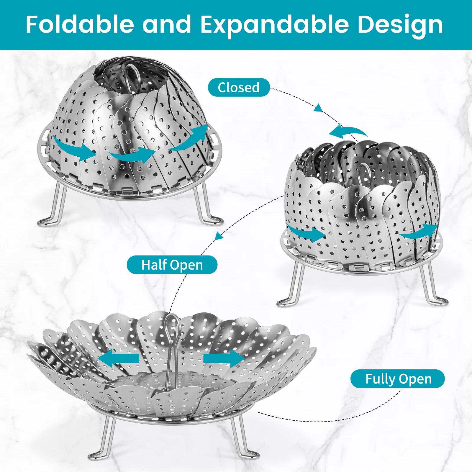DELUXE Vegetable Steamer, Collapsible and Expandable Stainless-Steel Steam Insert Rack for Steaming Food, Compatible with Instant Pot and 3, 6, 8 Qt Cooking Pan (Small, 5.3 to 9.5 Inches)