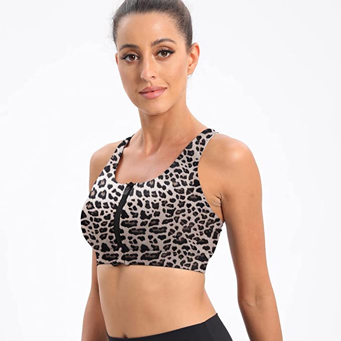 Cordaw Women Sports Bra Zipper Front Criss Cross Strappy Back Medium Impact Supportive Zip Up Bra-Leopard XXL