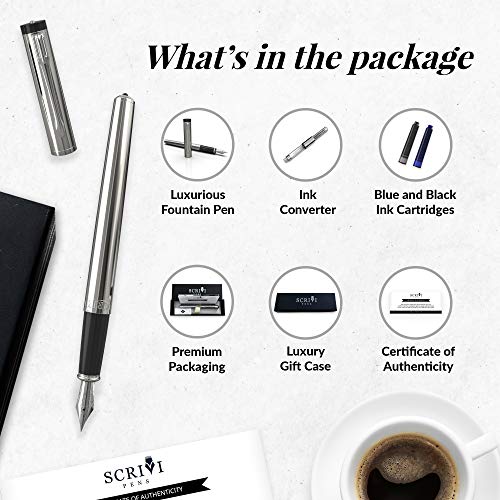 SCRIVI PENS Fountain Pen Set [Extra Fine Nib], Classic Collection; Gift Case; 2 Ink Cartridges, Ink Refill Converter, Calligraphy, Smooth Writing Pens [Silver Chrome Trim], Perfect for Men and Women
