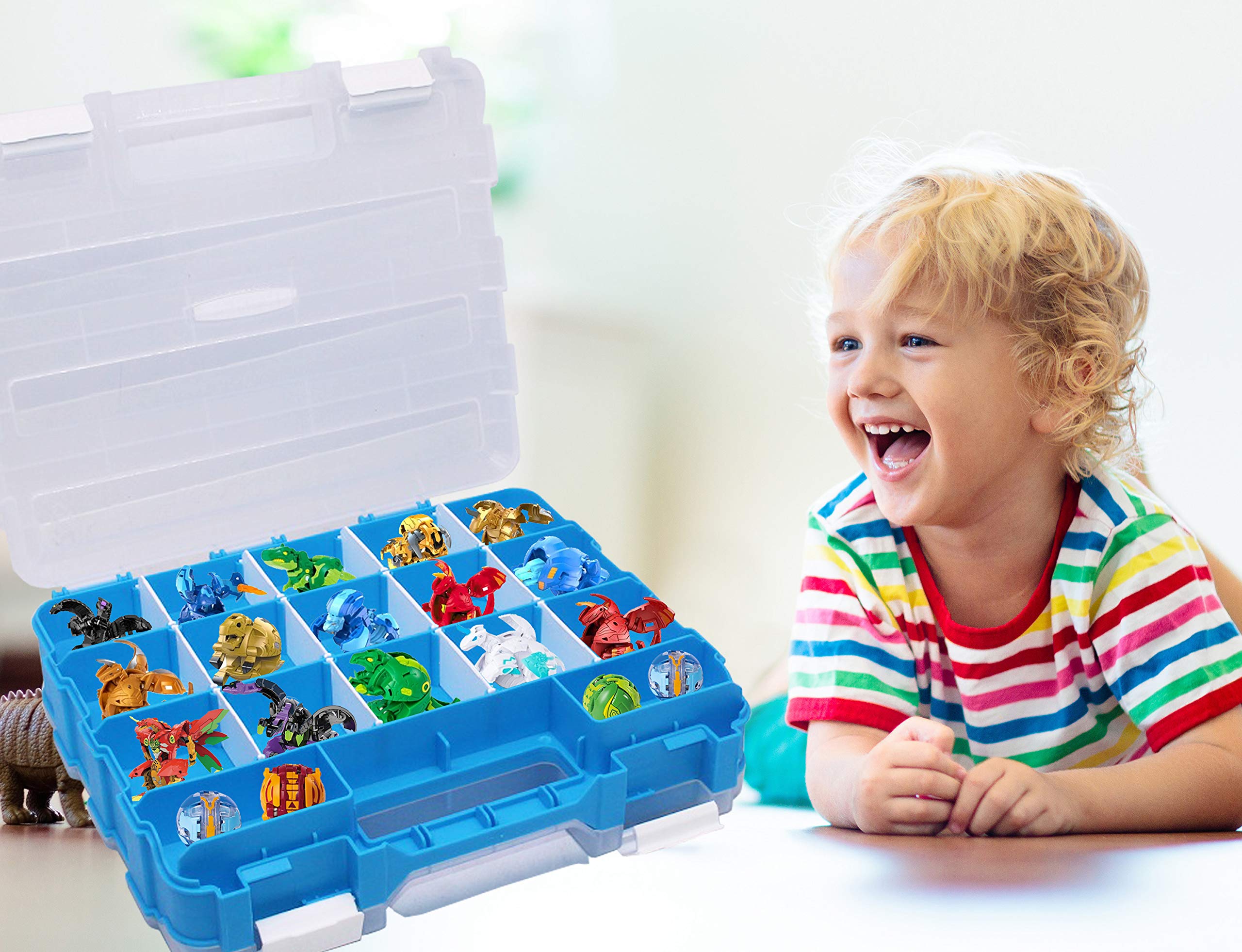 HOME4 Double Sided BPA Free Toy Storage Container - Compatible with Mini Toys, Small Dolls Bakugan - Toy Organizer Carrying Case - 34 Adjustable Compartments
