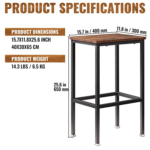 VEVOR Rustic Bar Stools, 25.6β Tall Rectangle Seat, Set of 2 Bar Chairs with Footrest Steel Frame Adjustable Feet, Wooden Industrial Kitchen Stool for Kitchen Dining Living Room, Rustic Brown