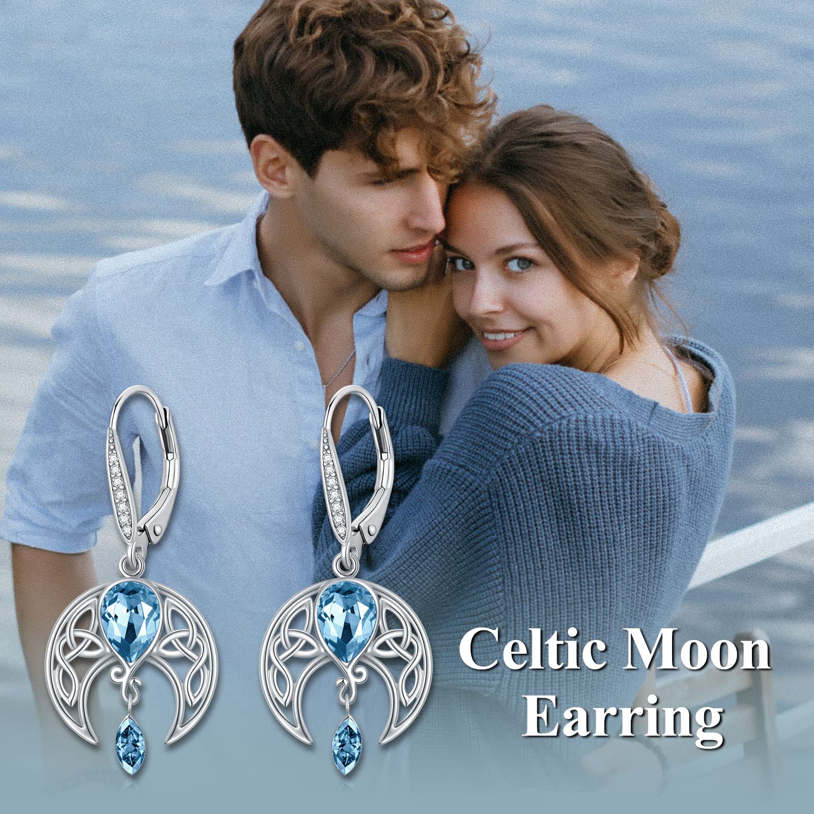 Celtic Moon Earrings 925 Sterling Silver Crescent Moon Leverback Dangle Drop Earrings with Simulated Aquamarine Birthstone Crystal Celtic Irish Jewelry Gifts for Women