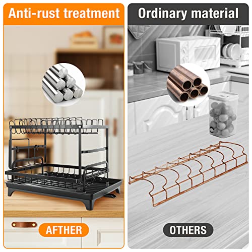 kenvc Dish Drying Rack,Dish Rack Kitchen Counter,Dish Racks for Kitchen Counter,Board Holder, 6 Cup Holder,Removable Large Capacity Dish Drainer, Rust-Proof Dish Drainer, Black