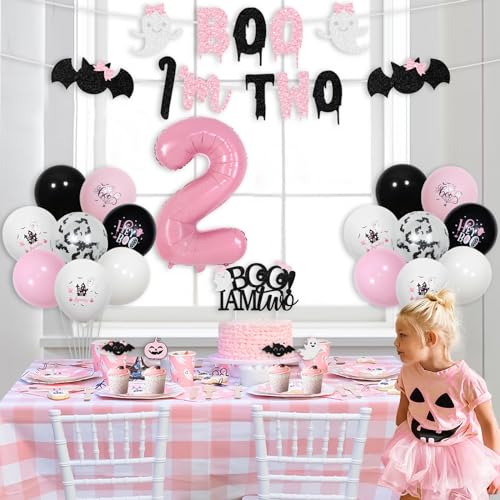 Halloween 2nd Birthday Decorations Girl, Boo I’m Two Banner & Cake Topper, Black Pink White Balloon Garland Arch Kit with 3D Bat Wall Stickers Number 2 Ghost Foil Balloons for Second Bday Party