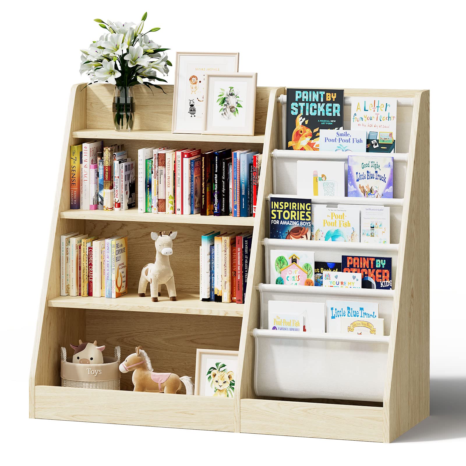 HedoAjim 4 Tier Kids Wooden Bookshelf,Five Layer Sling Children Bookcase,Baby Storage Book Rack,Book and Toy Organizer Cabinet Chest,Book Display Shelf,Playroom Nursery Classroom Library