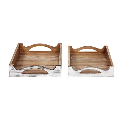 Distressed Rustic Serving Tray Set of 2, Nesting Coffee Table Trays for Living Room, Wood Serving Tray with Handles, Decorative Serving Tray for Ottoman Rectangle, Butler Tray for Party, Bedroom