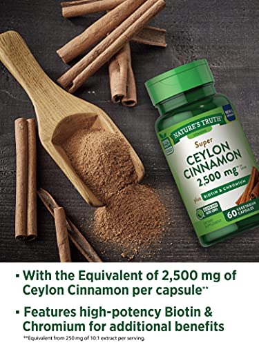 Ceylon Cinnamon Capsules | 2500mg | 60 Count | Vegetarian, Non-GMO & Gluten Free Supplement | Plus Chromium and Biotin | by Nature's Truth
