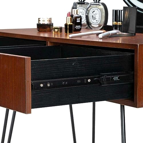 KJNS Brown Makeup Vanity Table Stool Set w/Touch Swith Light 2 Drawers Vanity Desk Makeup Vanity Side Tables Bedroom Vanity Table Portable Desk Vanity Set