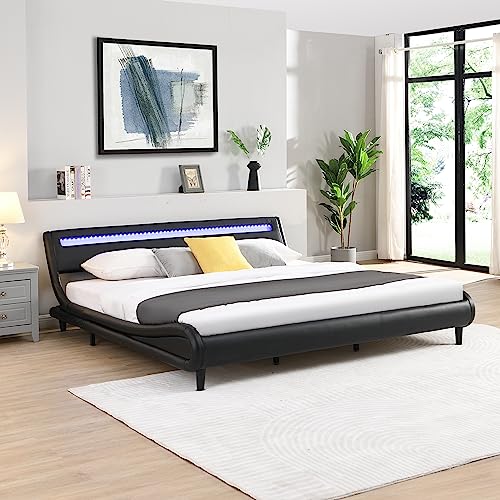 HAUSHECK King Size Upholstered Platform Bed, LED Bed Frame with Lights Headboard, Modern Faux Leather Bedframe No Spring Box Needed for Kids, Teen & Adults, King Beds with Strong Wood Slats Support