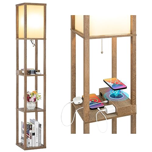 Mlambert Modern Shelf Floor Lamp with Wireless Charger & Fast Charging USB Port & Type C Port & 2 Power Outlets,3 Tier Storage Display Standing Lamp Narrow Corner Light for Bedroom Living Room(Wood)