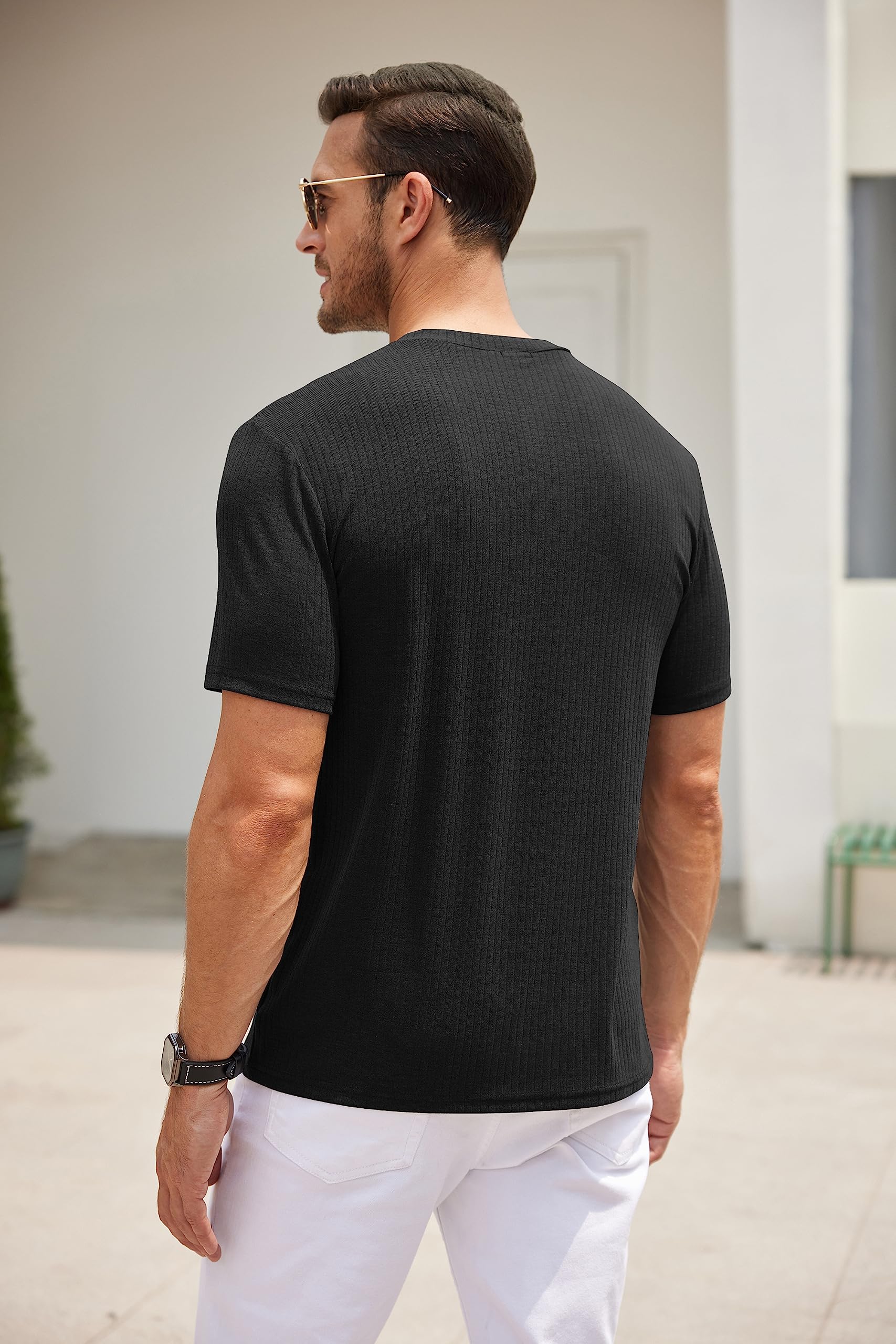 COOFANDY Men's 2 Pack Henley Shirts Short Sleeve Casual Ribbed Knit T Shirts Stretch Muscle Tee Shirts