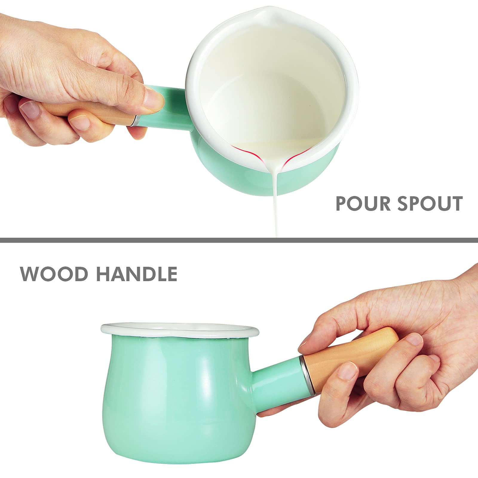 Enamel Milk Pan, Mini Butter Warmer 4 Inch 550ml Milk Pot Half Quart Saucepan Small Enamelware with Wooden Handle for Heating Milk, Melting Butter, Boiling Water
