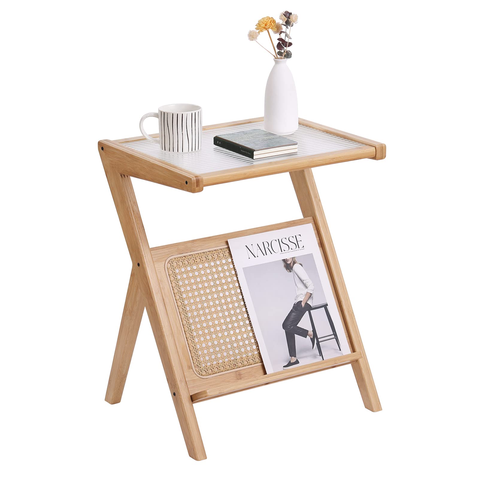 Furlide Tv Tray Table, Bamboo End Table, Boho Nightstand Side Table, Bedroom Coffee Table with Storage, Accent Bedside Tables for Living Room Bedroom Small Spaces (Wood)