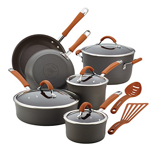 Rachael Ray Cucina Dishwasher Safe Hard Anodized Nonstick Cookware Pots and Pans Set, 12 Piece, Gray with Orange Handles & Kitchen Tools and Gadgets Nylon Cooking Utensils, 2 Piece, Orange