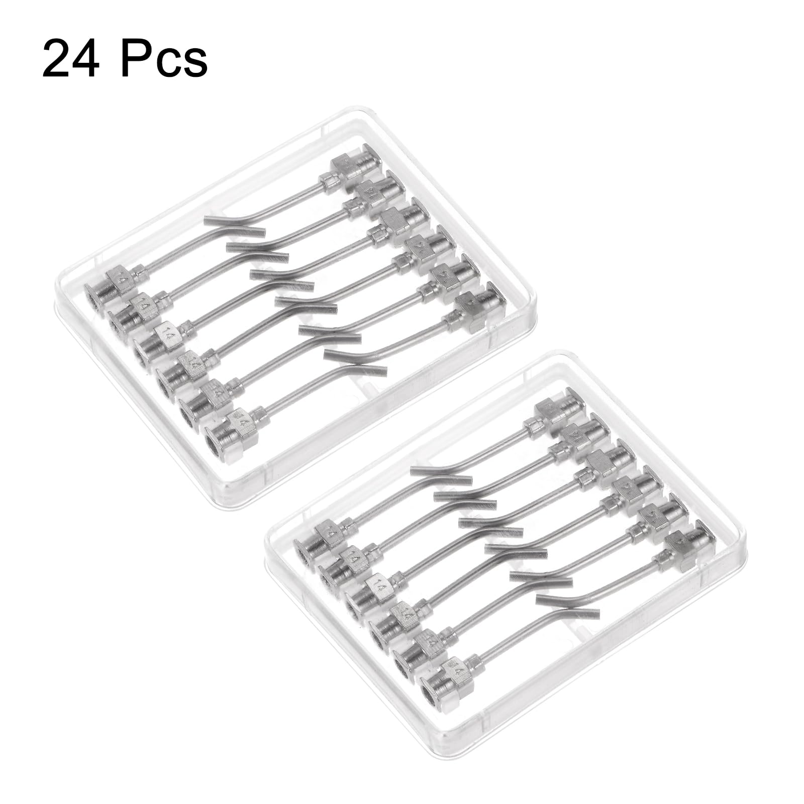 HARFINGTON 24pcs Blunt Tip Dispensing Needle 21 Gauge 1 Inch 45 Degrees Bent Flow Design Bent Dispensing Tips with Luer Lock & Storage Box for Adhesive Glue Dispensing, Silver Tone
