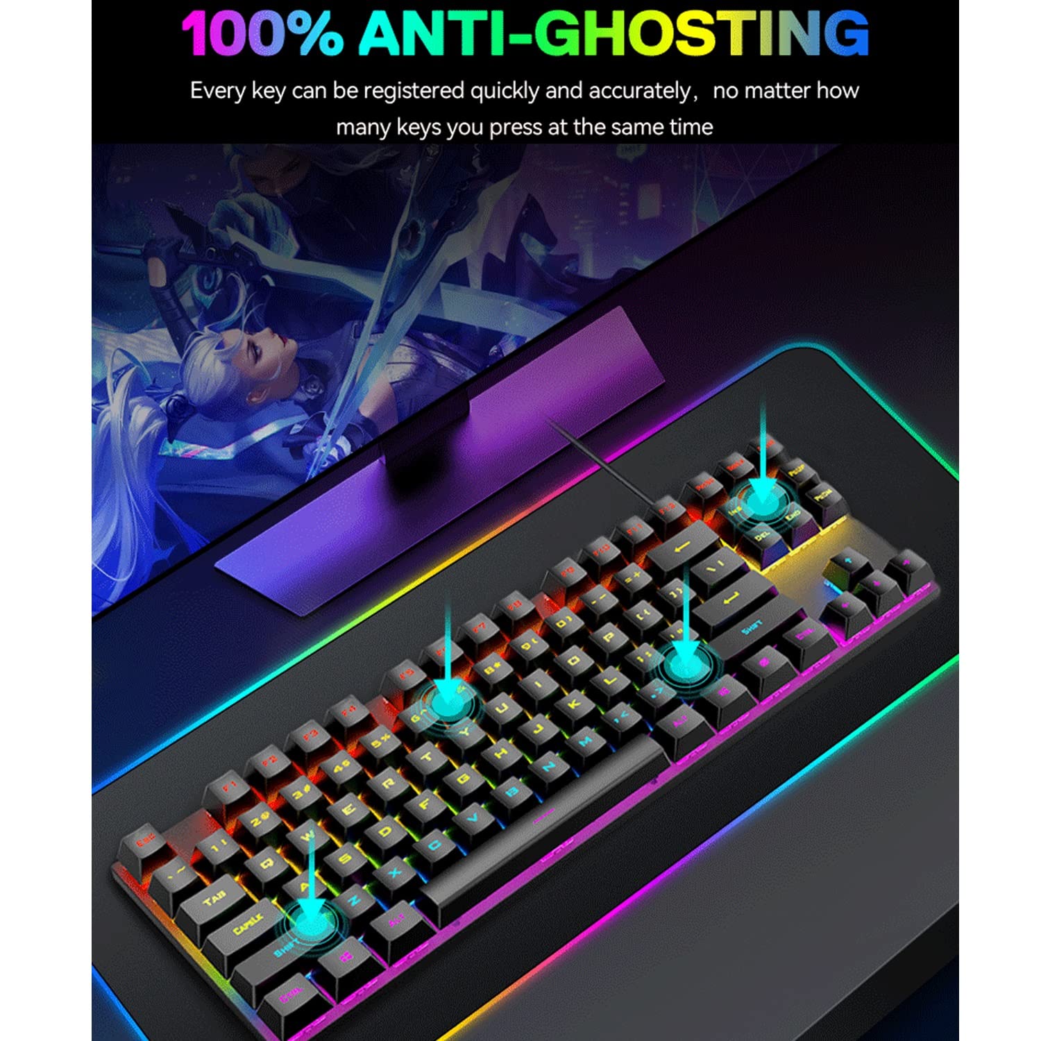 EXHNLE 87 Keys Gaming Keyboard, Mechanical Keyboard RGB Backlit Compact Keyboard Colorful Breathing Backlit Gaming Mouse for Working or Gaming