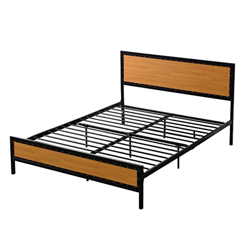 HAUSHECK Queen Size Platform Bed Frame, Industrial Stlye Metal Bed Frame w/Headboard & Footboard, Bedframe No Box Spring Needed for Kids, Teen, Adults, Strong Steel Slat Support Mattress Foundation